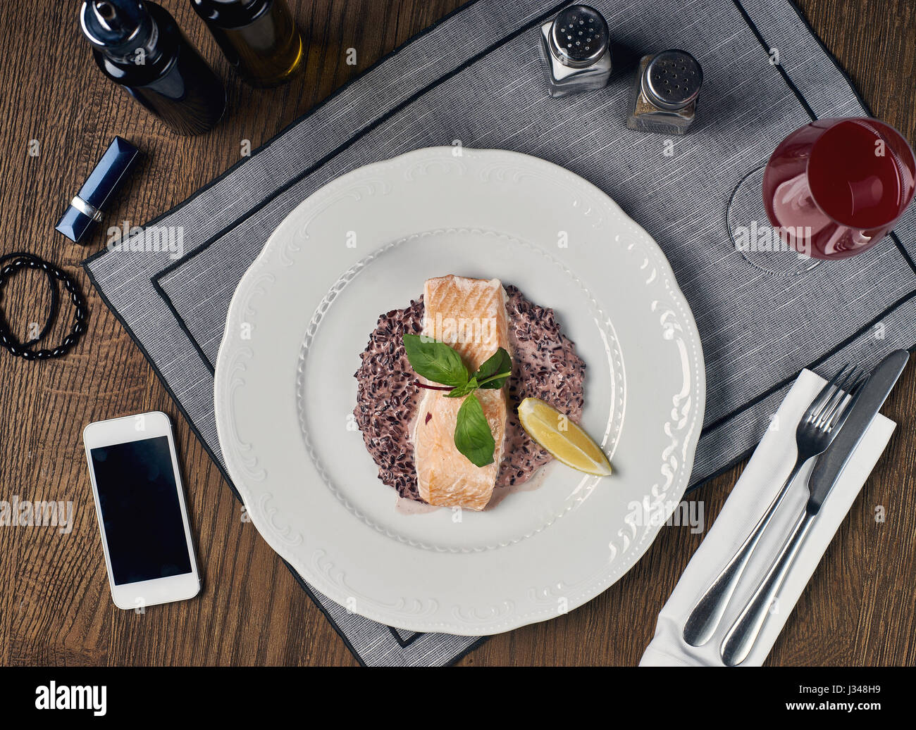 Salmon with purple risotto Stock Photo - Alamy