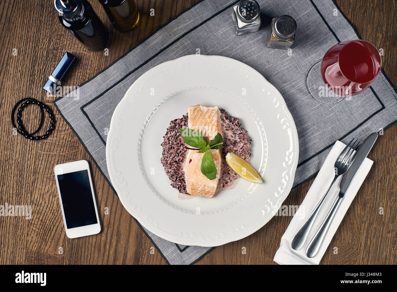 Salmon with purple risotto Stock Photo - Alamy
