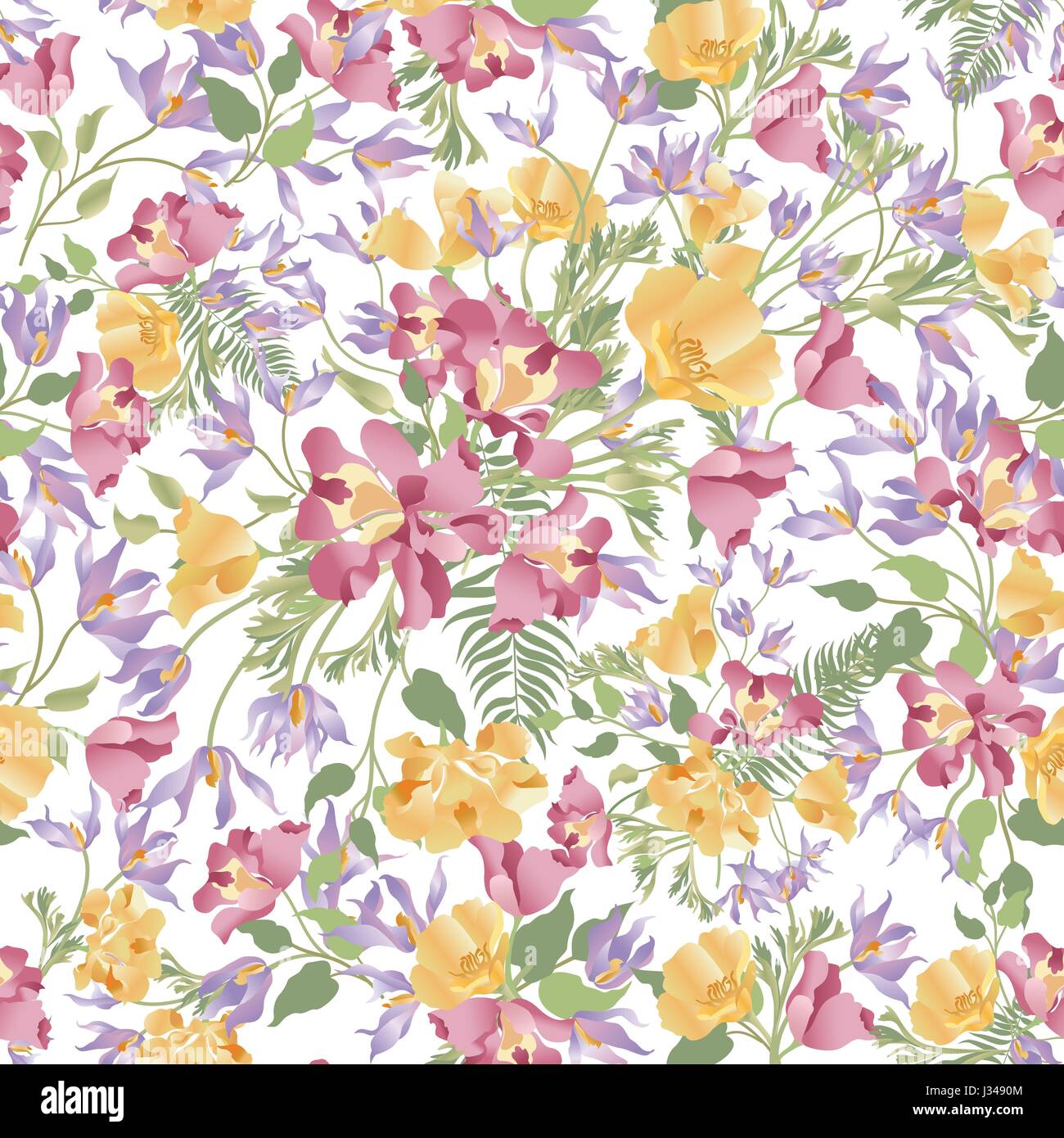 Floral ornamental white seamless pattern. Flower bouquet spring garden ...