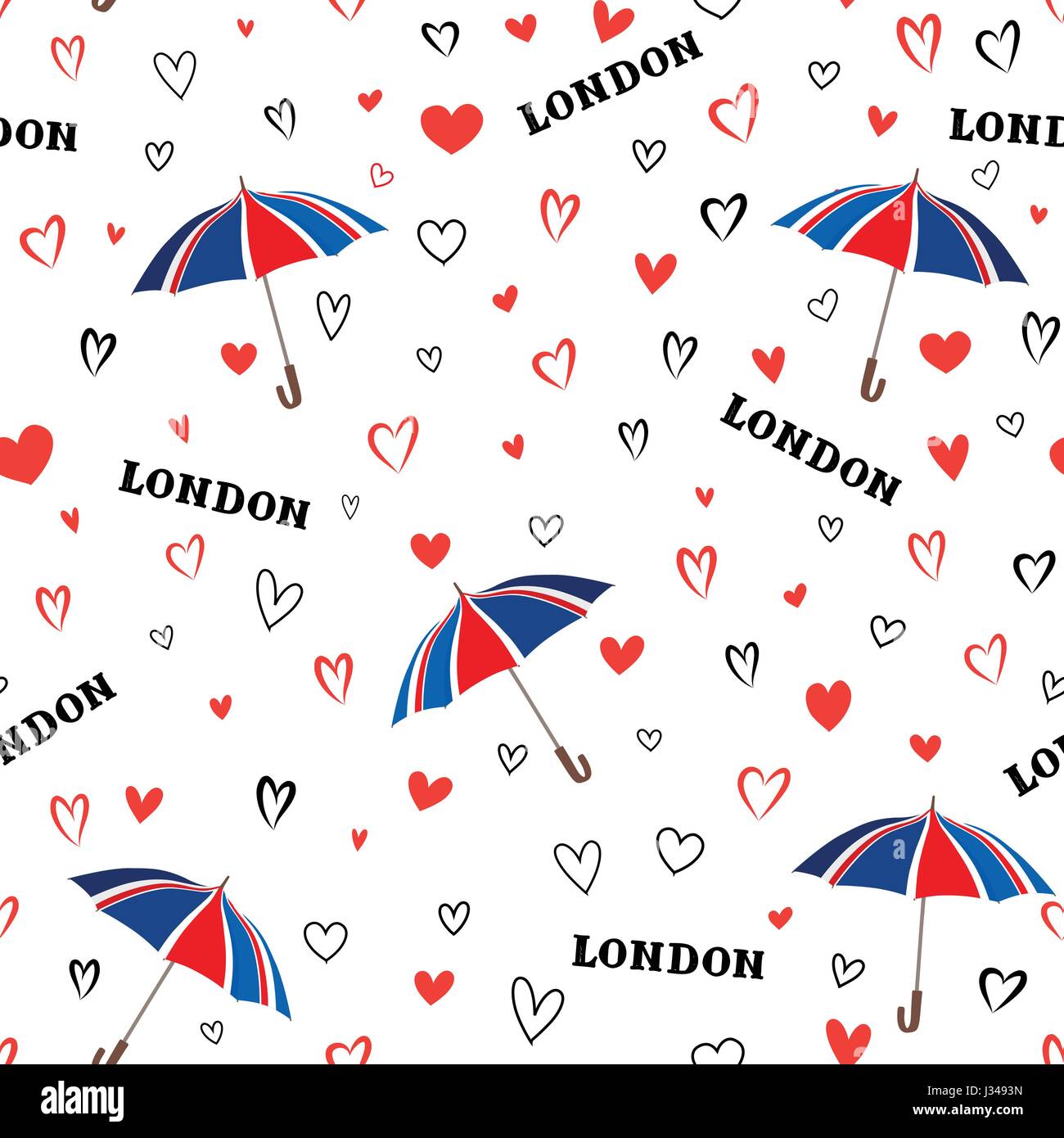Travel London seamless pattern with love hearts and umbrella. British ...