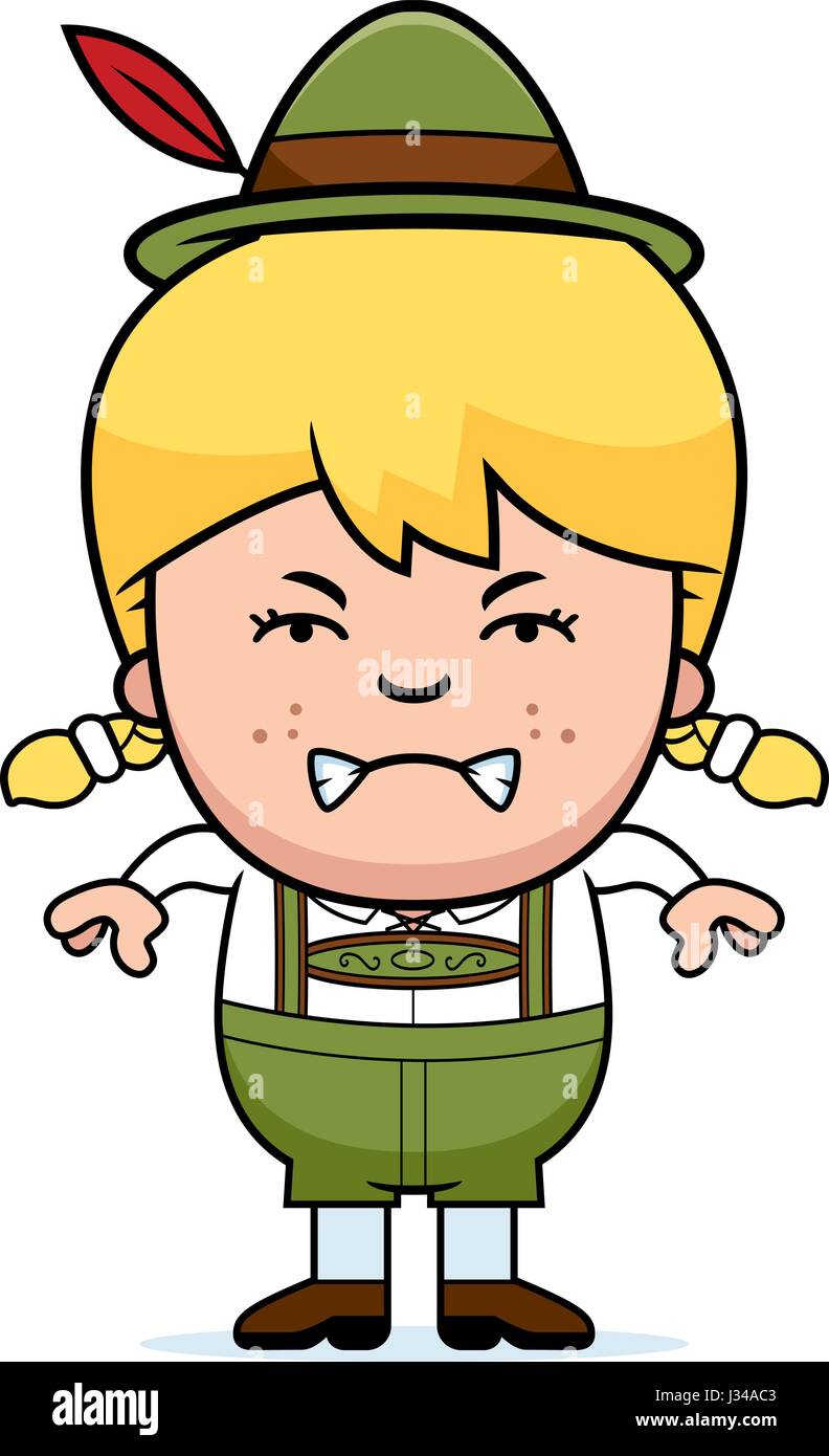 A cartoon illustration of a German girl in lederhosen looking angry ...