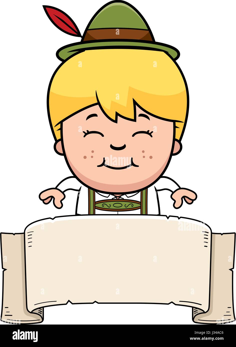 A cartoon illustration of a German boy in lederhosen with a banner ...