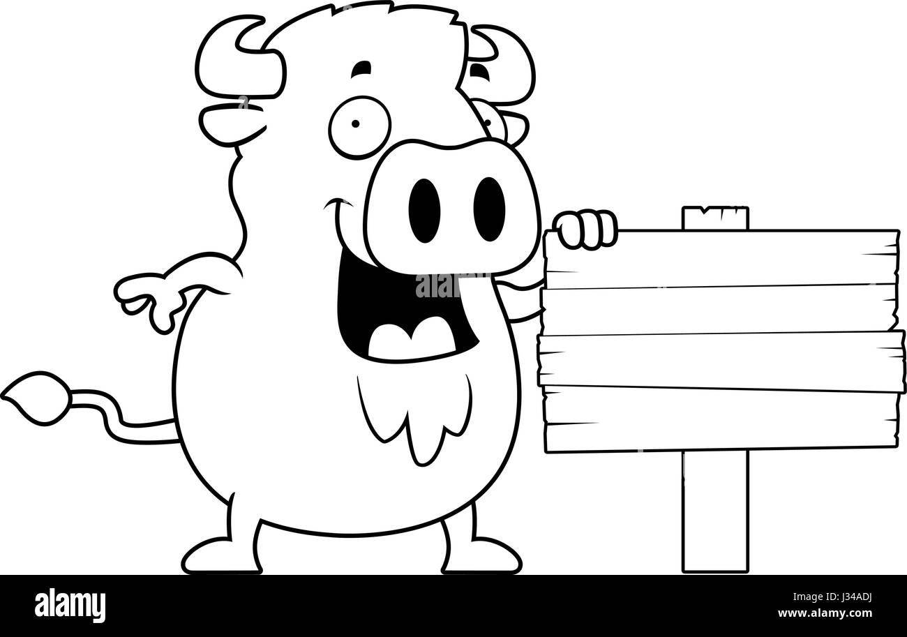 A cartoon illustration of a buffalo standing next to a wooden sign ...