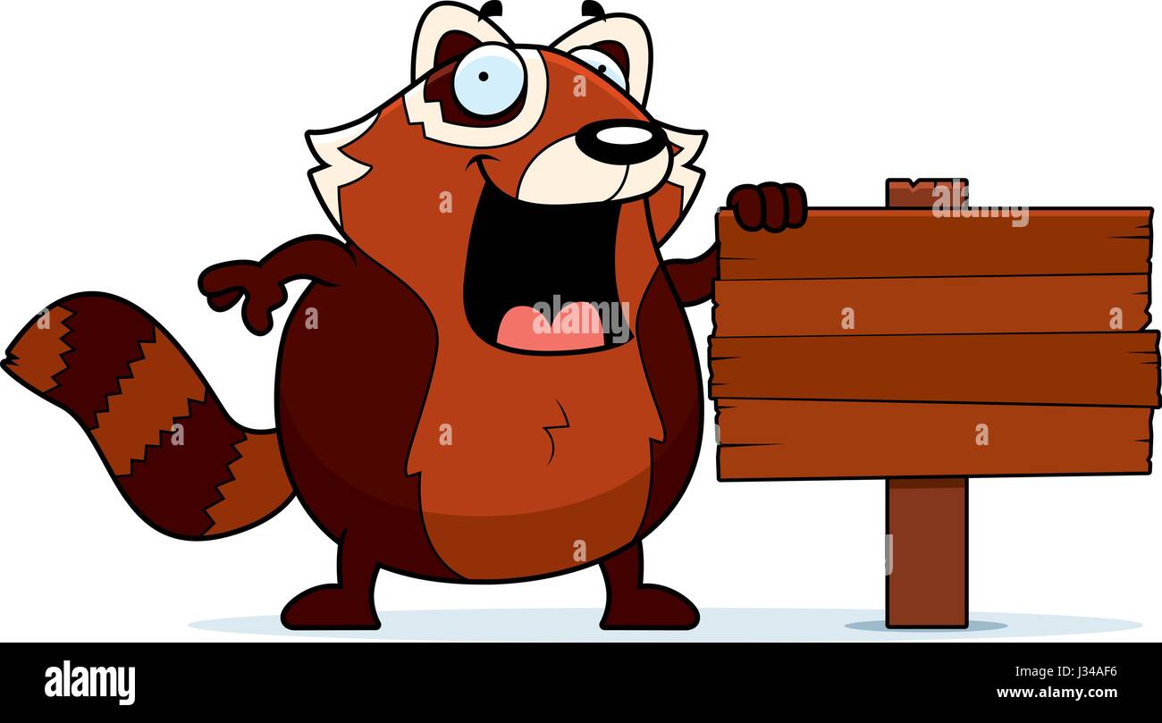 A cartoon illustration of a red panda standing next to a wooden sign ...
