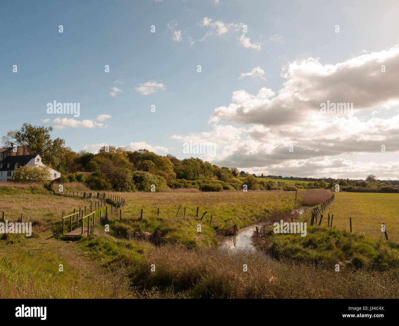 a beautiful countryside scene with small stream and lush vibrant ...