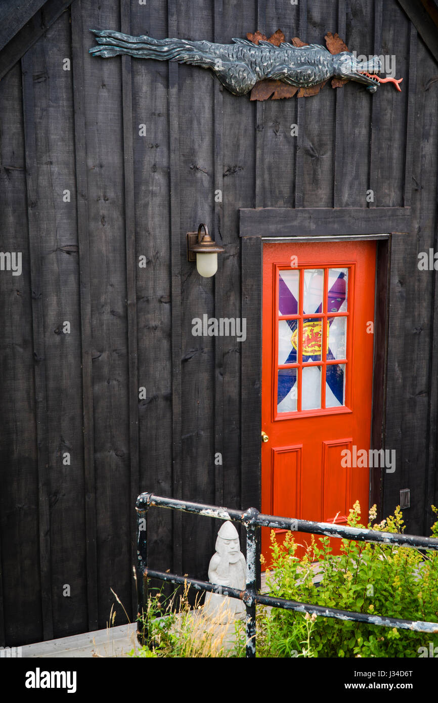 Red door on fish shack in Blue Rocks with Nova Scotia flag in window ...