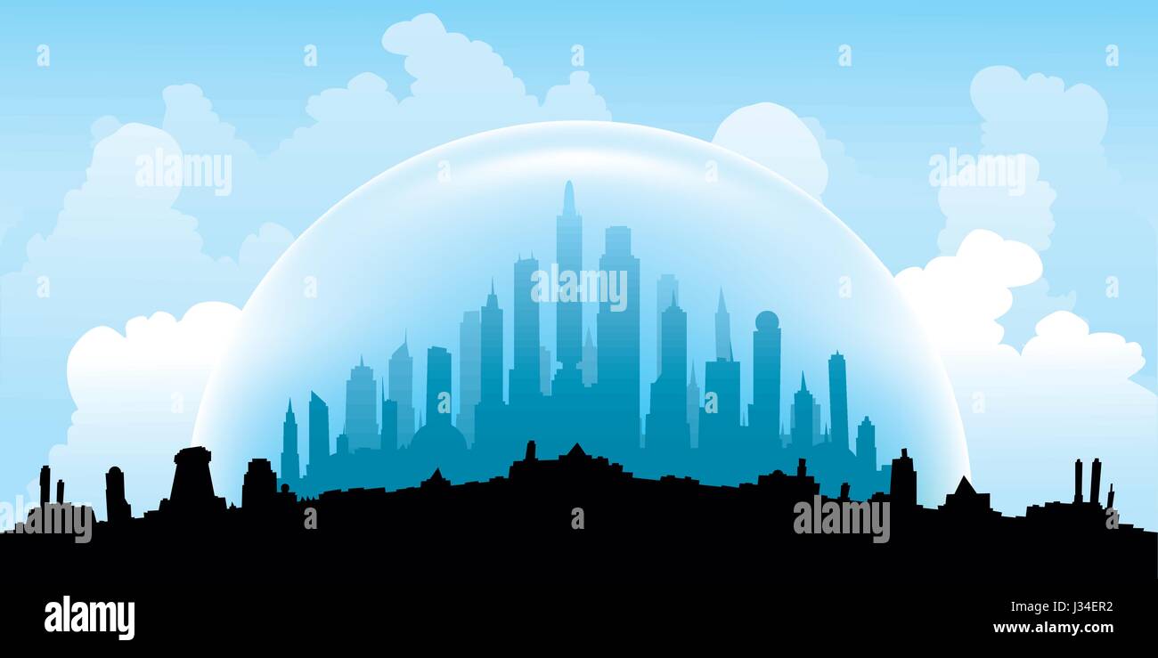 A cartoon skyline silhouette of a city inside a dome Stock Vector Image ...