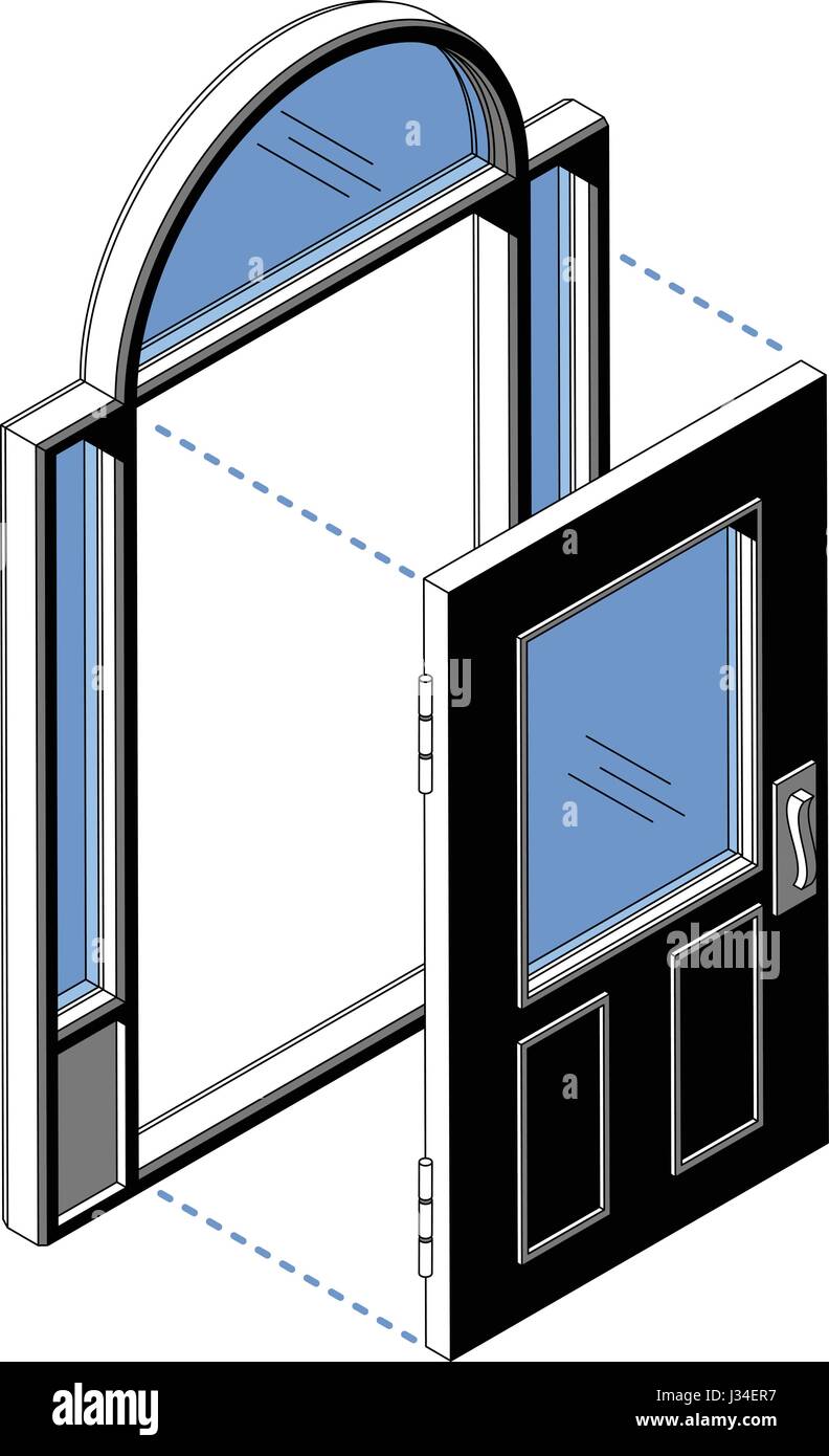 Isometric diagram of a door and door frame with windows Stock Vector ...