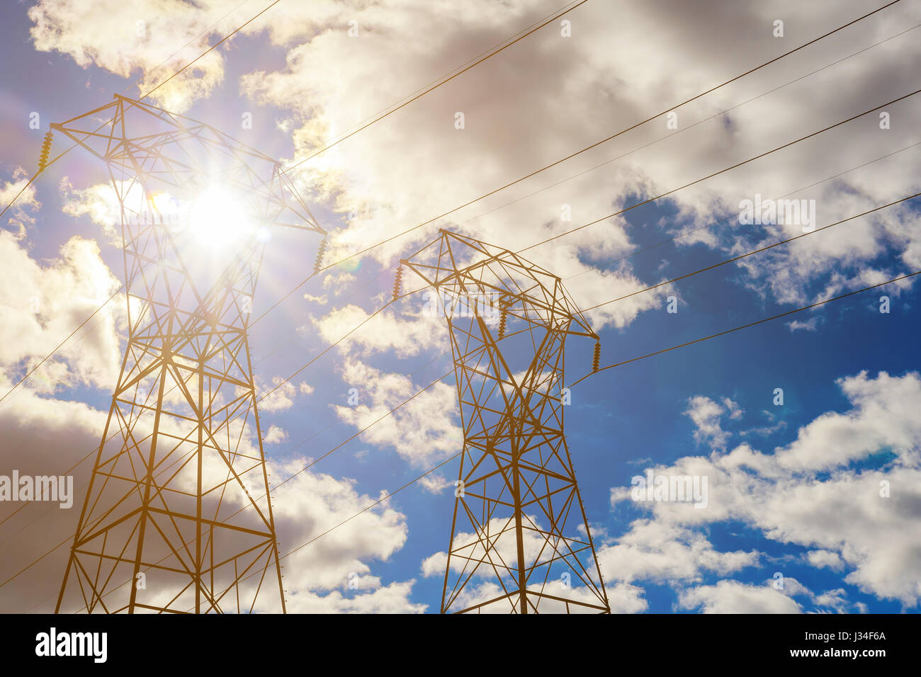 Electricity Pylon overhead power line transmission tower at sunset. sky ...