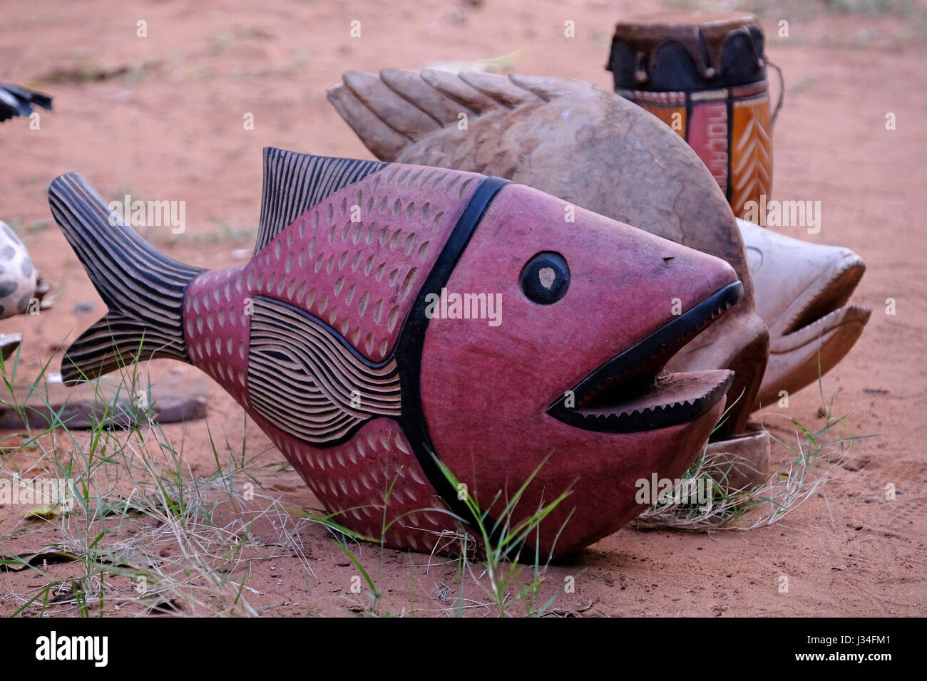 Carved wood for sale at the craft market of Maputo, the capital city of ...