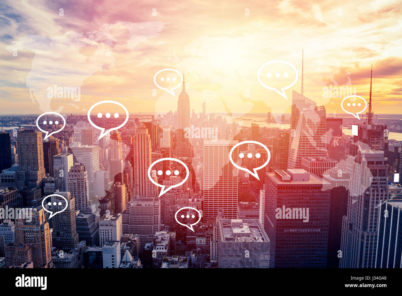 Sunset on New York with bubble chat. Social media concept Stock Photo ...