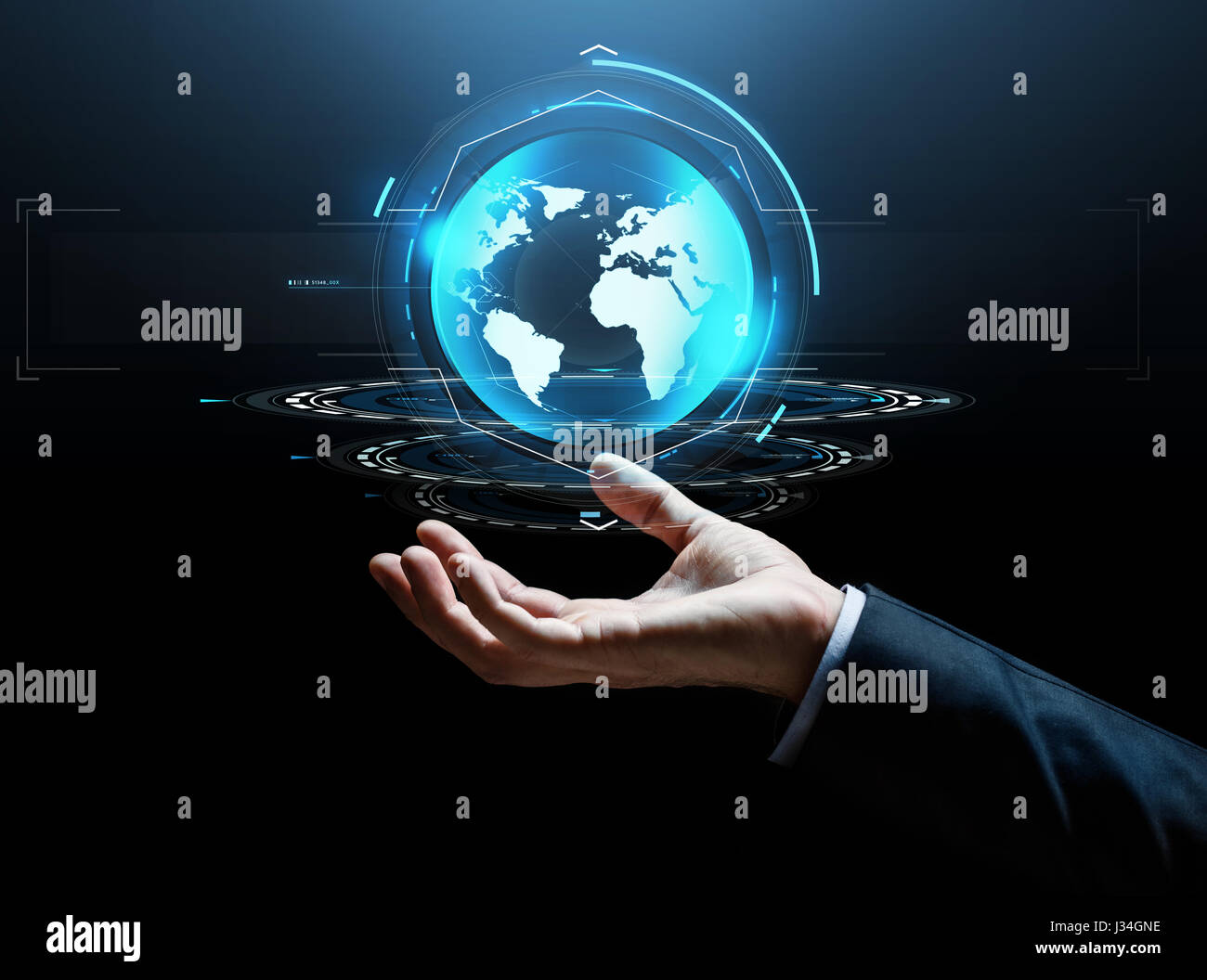 businessman hand virtual earth projection Stock Photo - Alamy