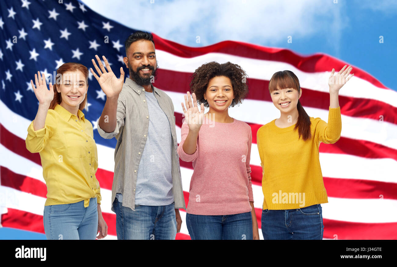 international group of happy people waving hands Stock Photo - Alamy