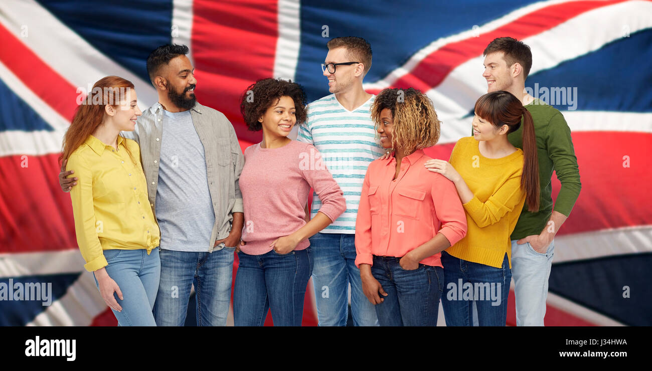 international group of people over british flag Stock Photo - Alamy