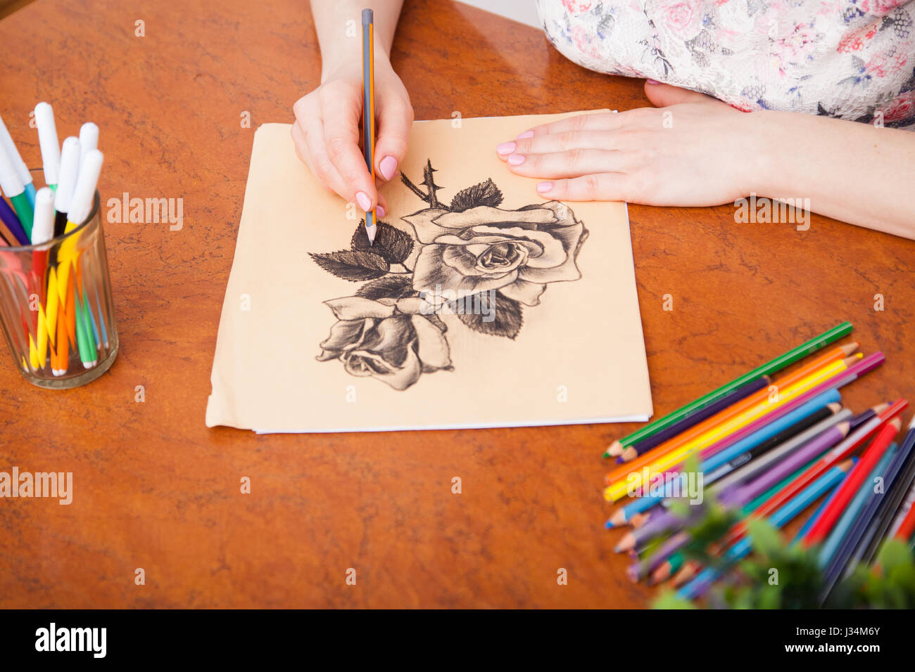 Closeup of drawing at the desk Stock Photo - Alamy