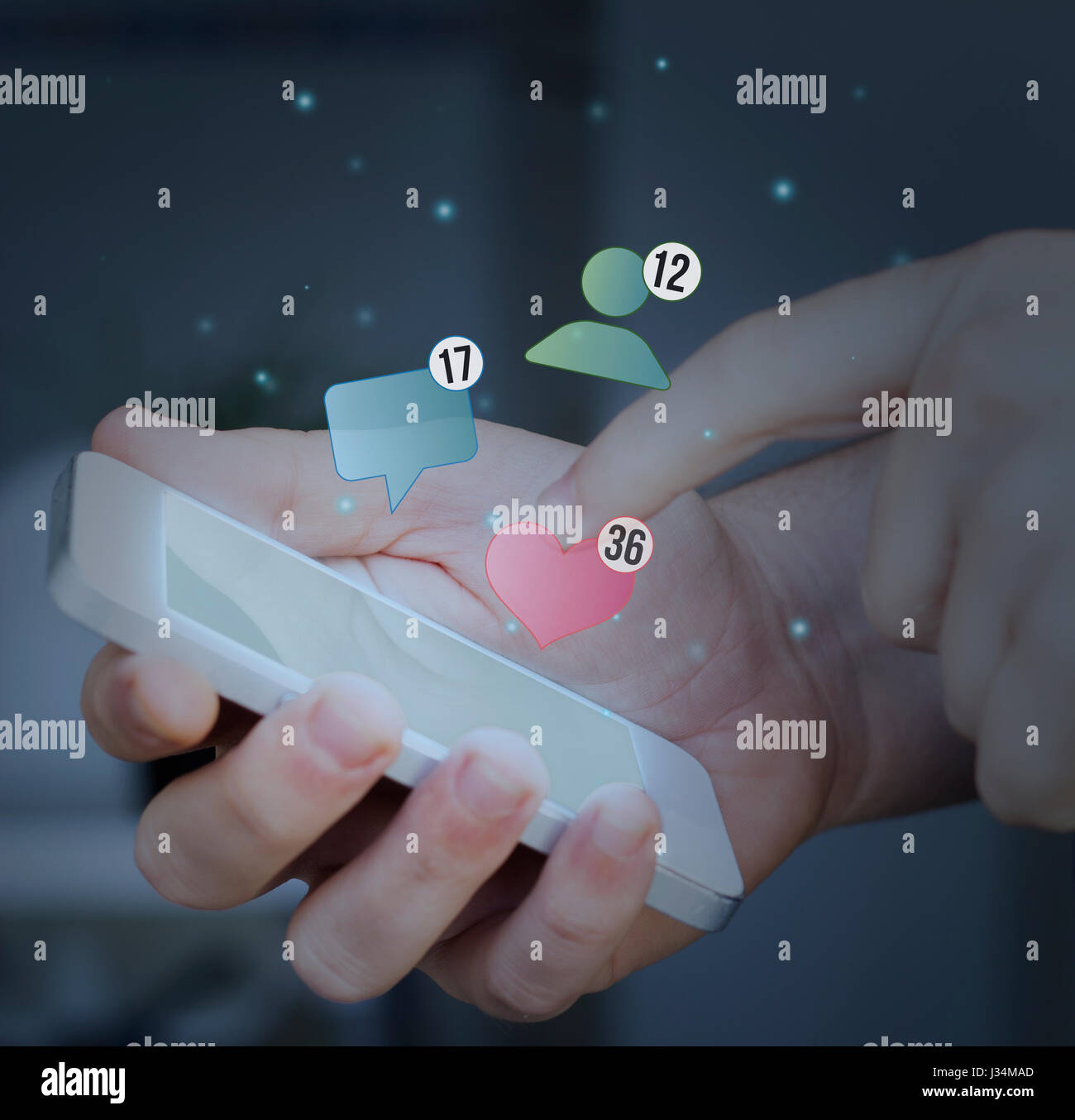Finger touching a smartphone screen. social stats concept Stock Photo ...