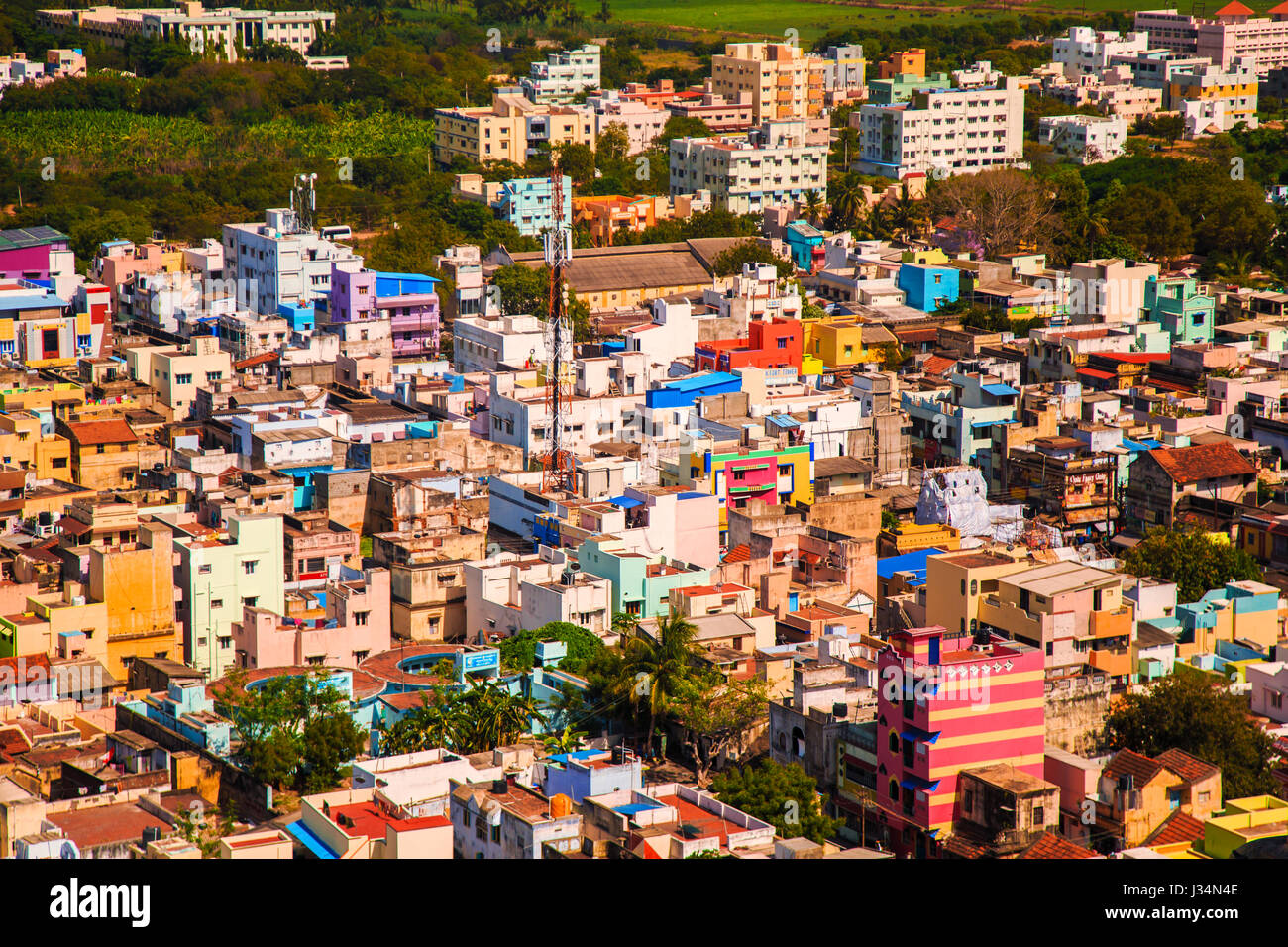Colored traditional houses in Trichy, South India. Top view Stock Photo ...