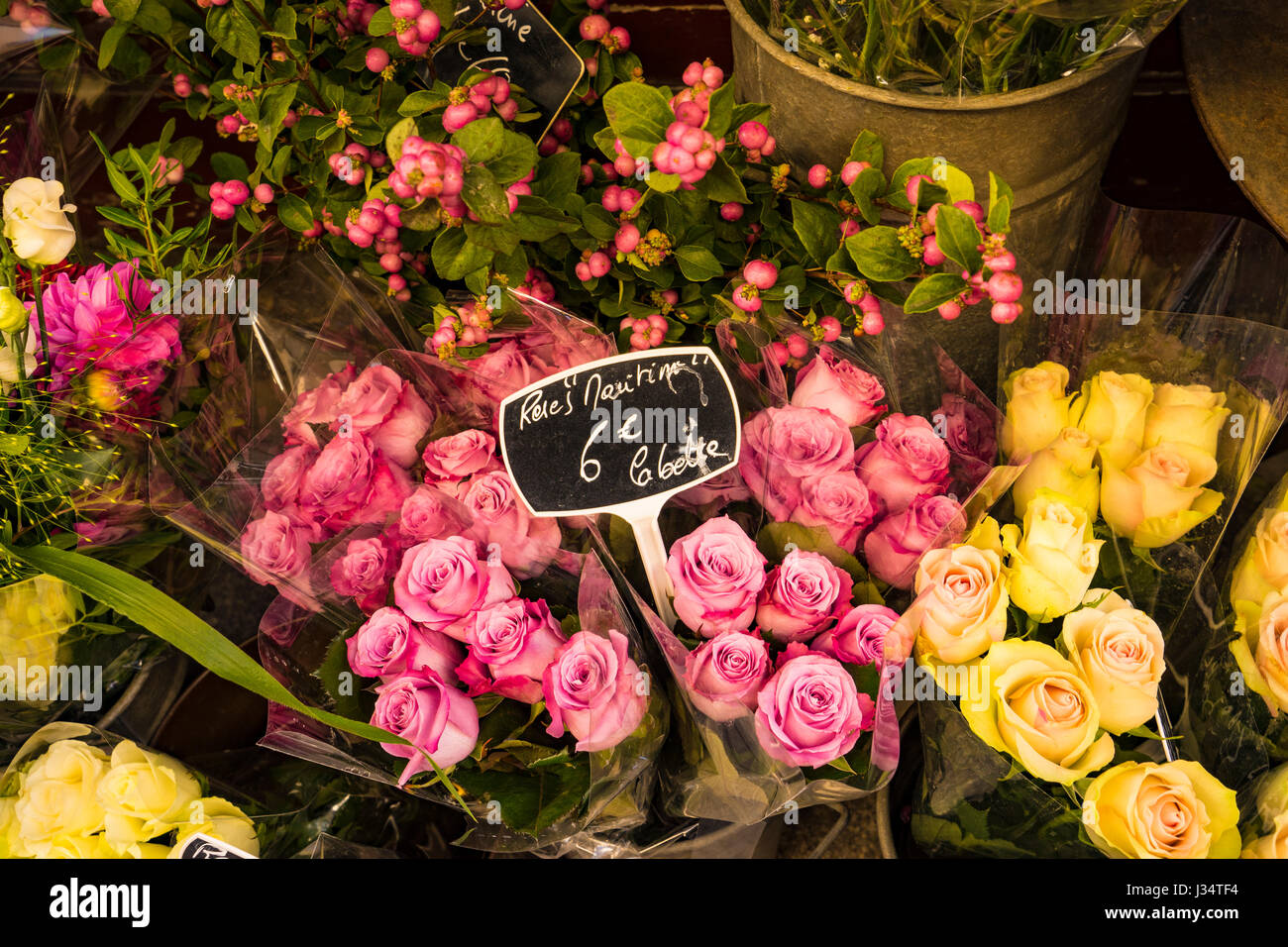 Roses for sale in Paris flower shop with labels displaying euros Stock ...