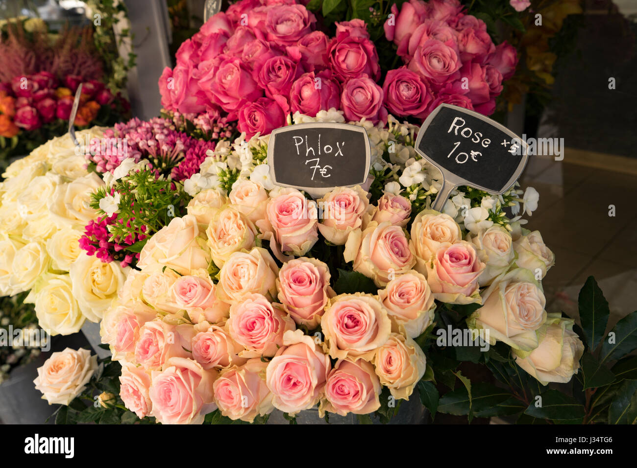 Roses for sale in Paris flower shop with labels displaying euros Stock ...