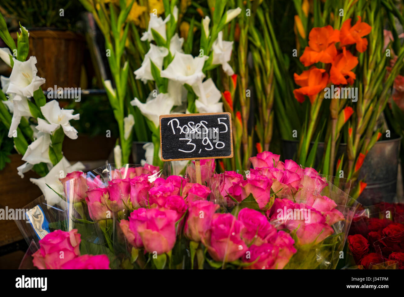 Roses for sale in Paris flower shop with labels displaying euros Stock ...