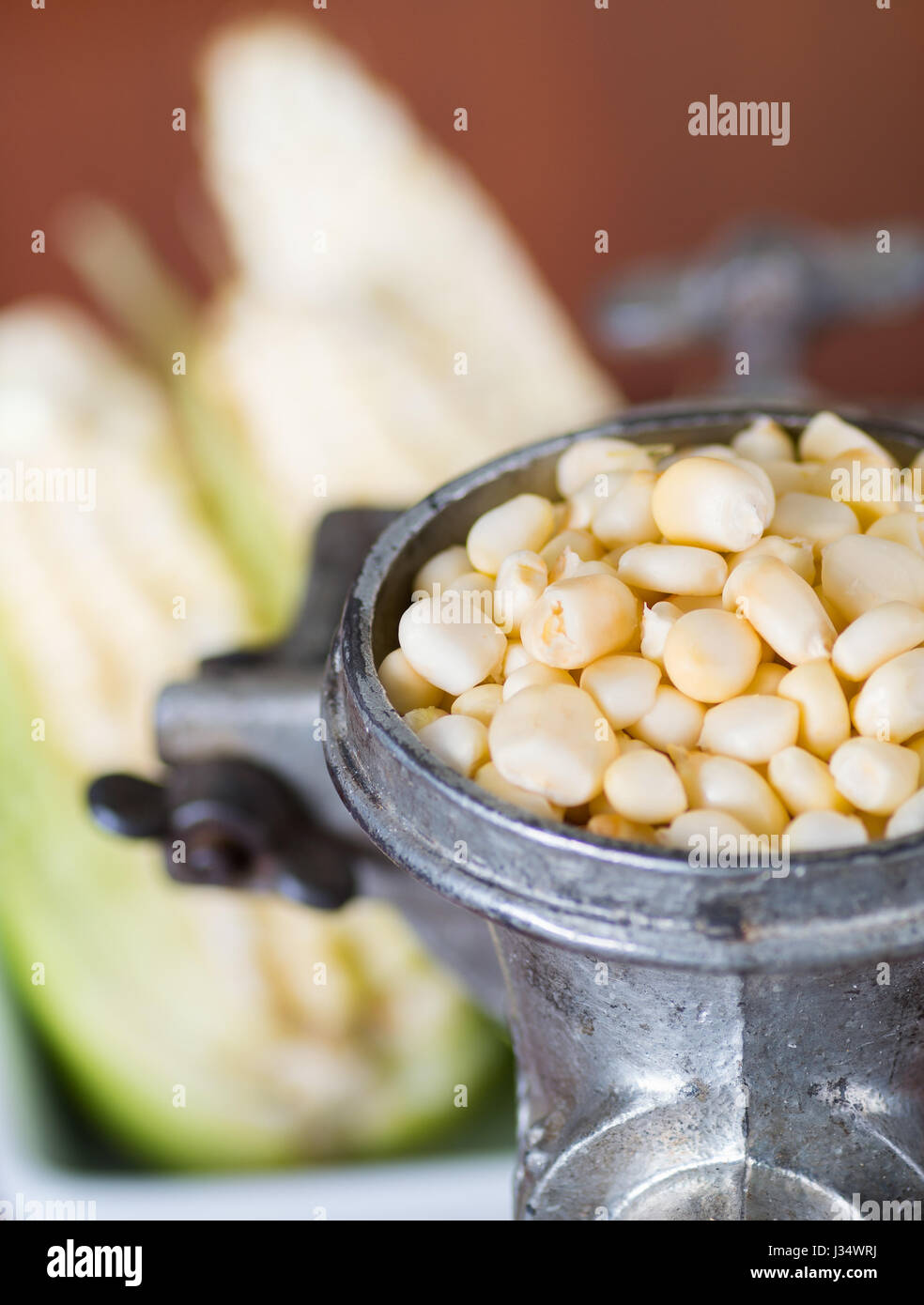 A close up from a metalic mill with some corn kernels Stock Photo - Alamy