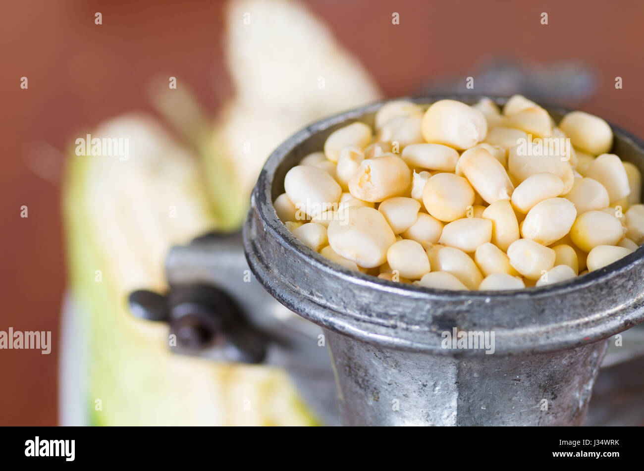 A close up from a metalic mill with some corn kernels Stock Photo - Alamy