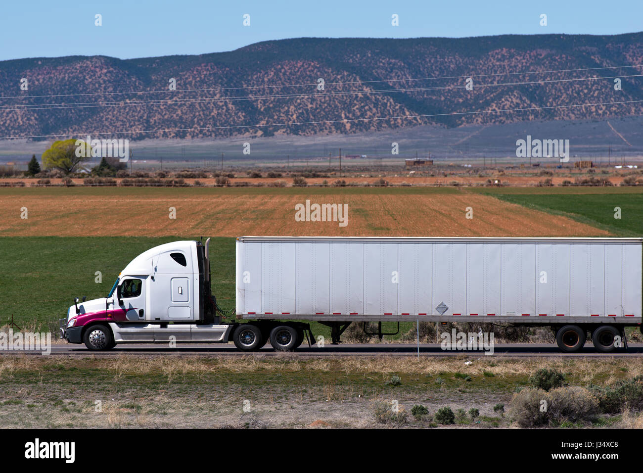 White big rig with crimson fenders and trailer on the field and ...