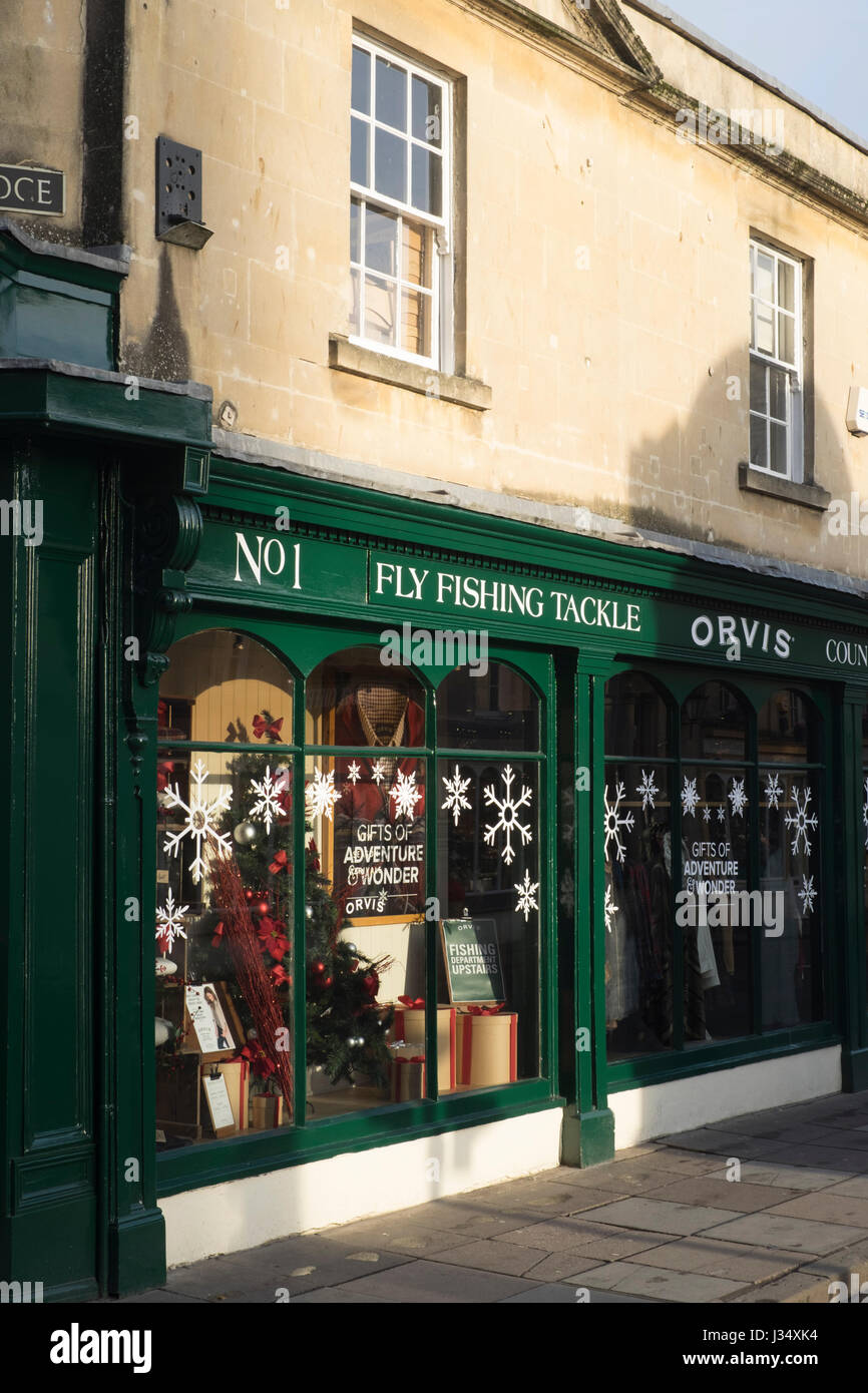 Christmas shop window at an outdoor and fishing shop in Bath Stock ...