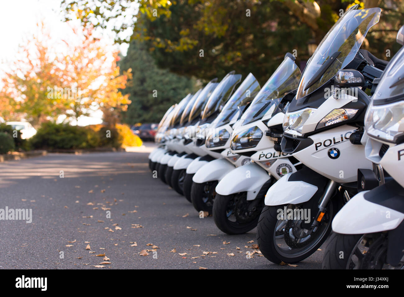 Black and white police bikes with protective glass standing in straight ...