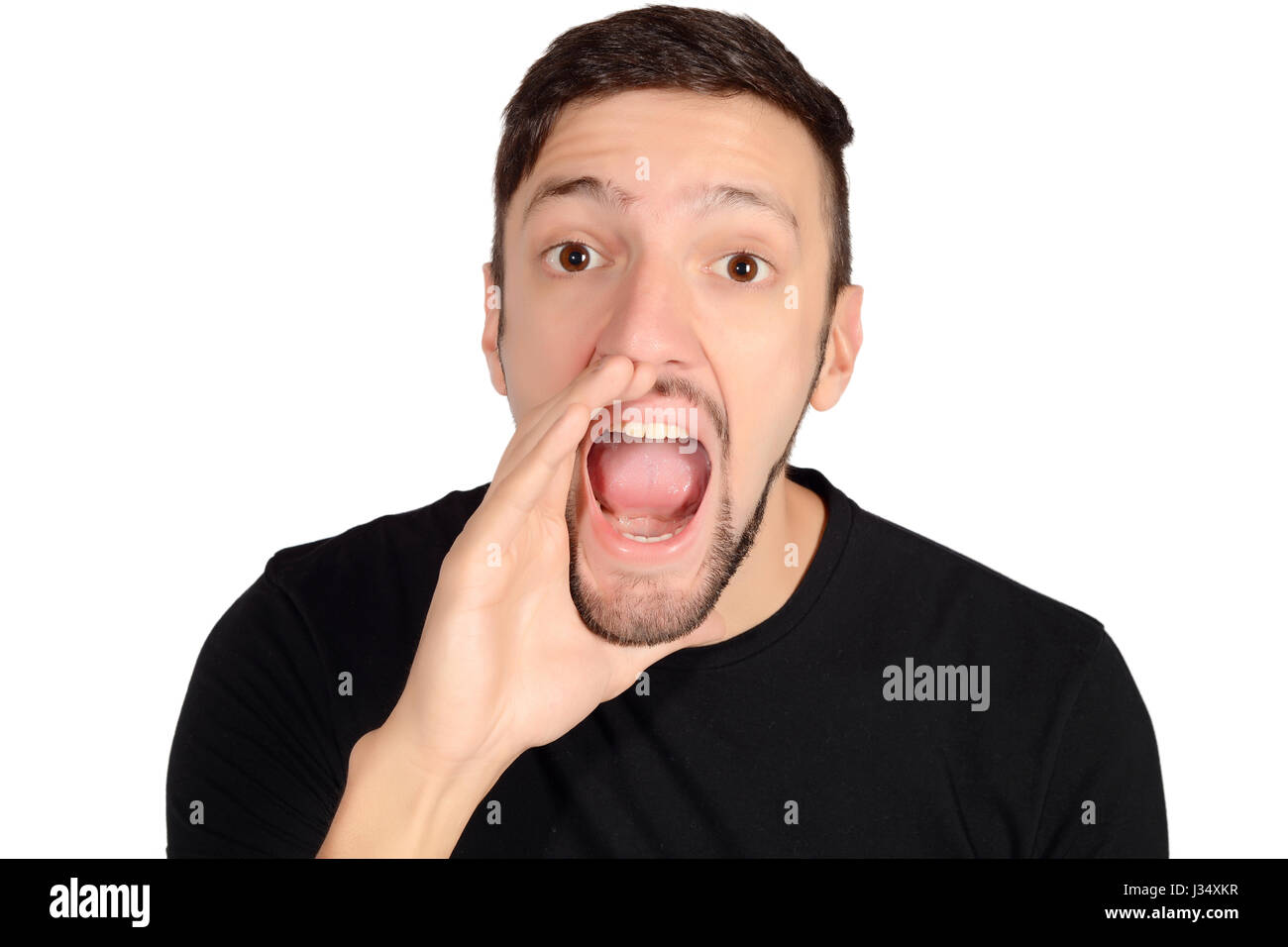 Portrait of a young man shouting. Isolated white background Stock Photo ...