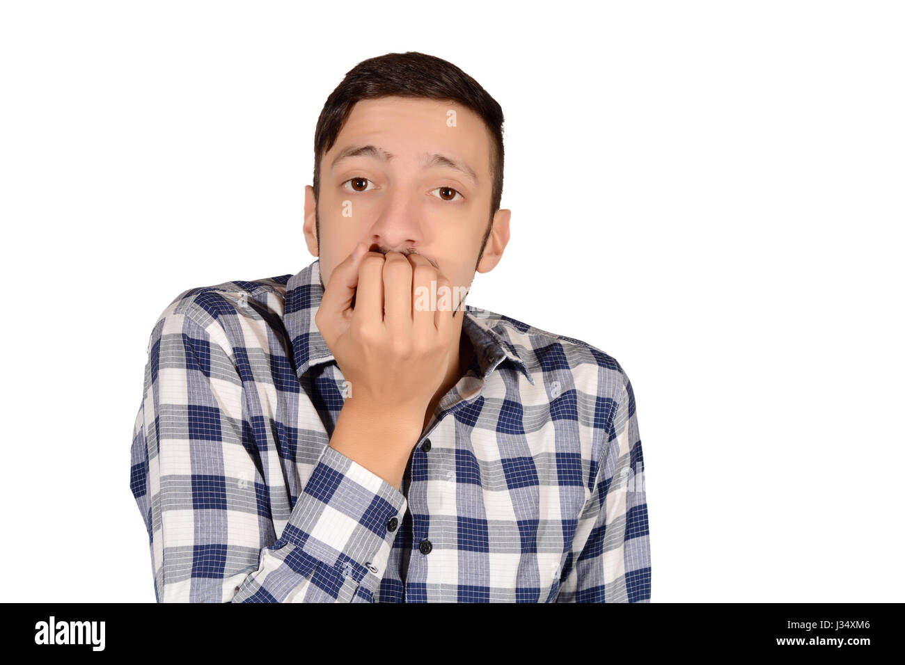 Portrait of a young man worried. Isolated white background Stock Photo ...