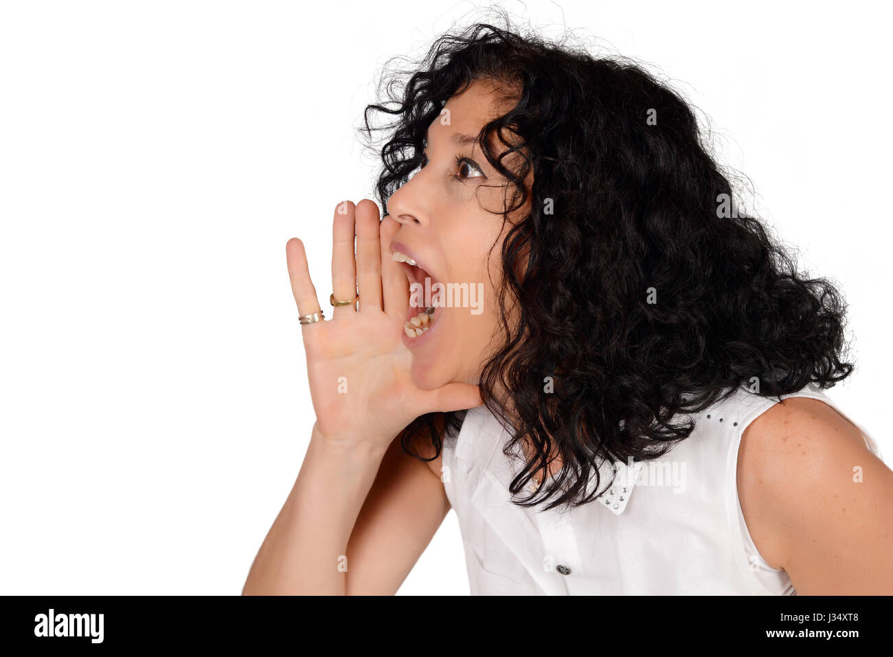 Beautiful woman shouting and screaming. Isolated white background Stock ...