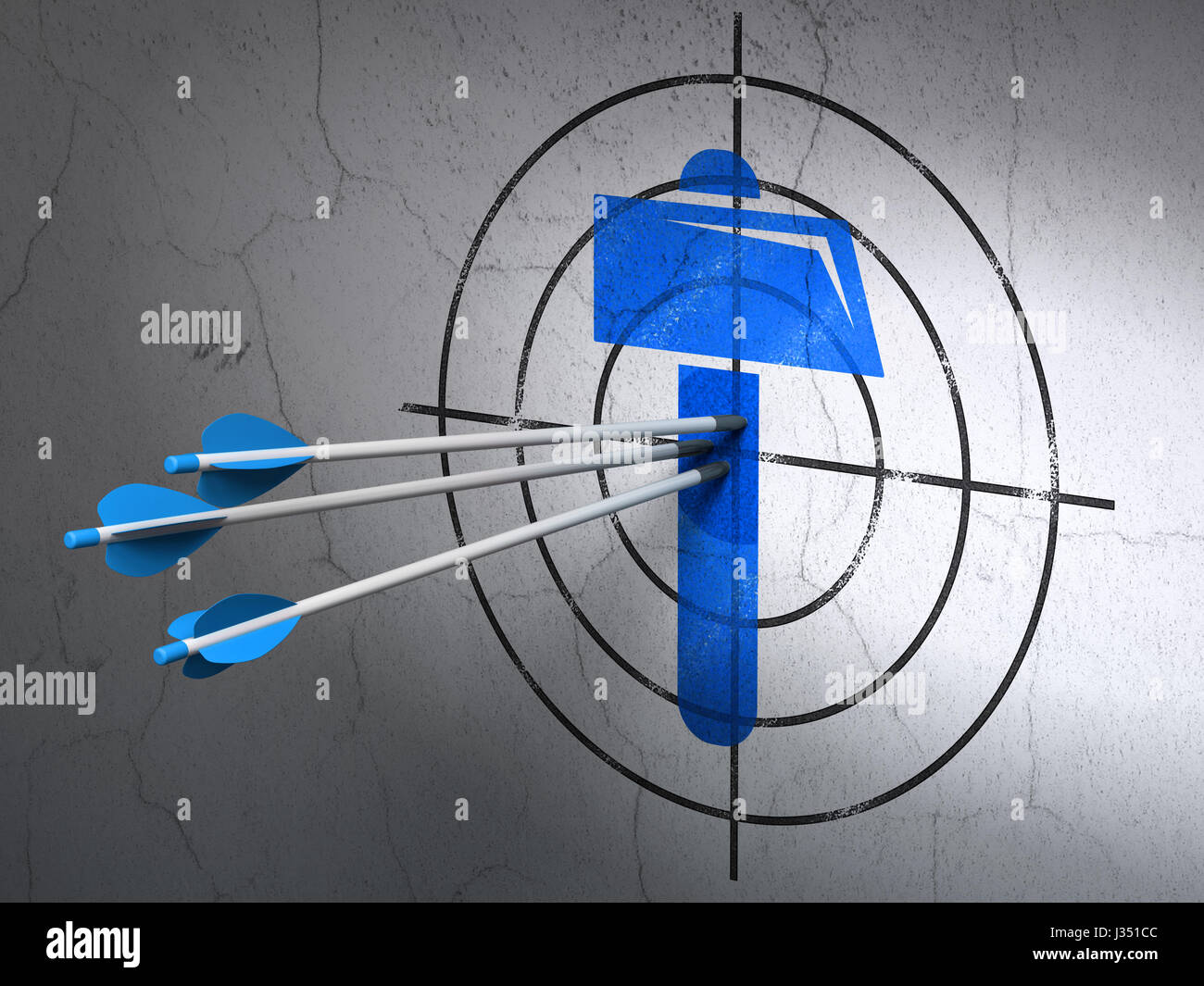 Building construction concept: arrows in Hammer target on wall ...