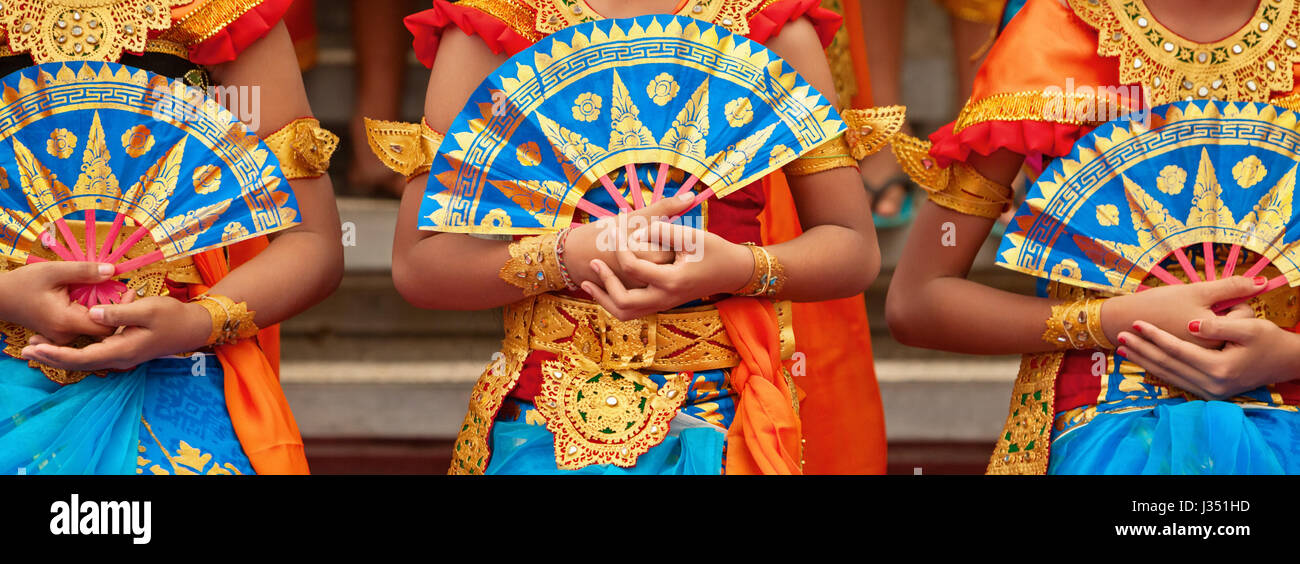 Asian travel background. Group of beautiful Balinese dancer women in ...