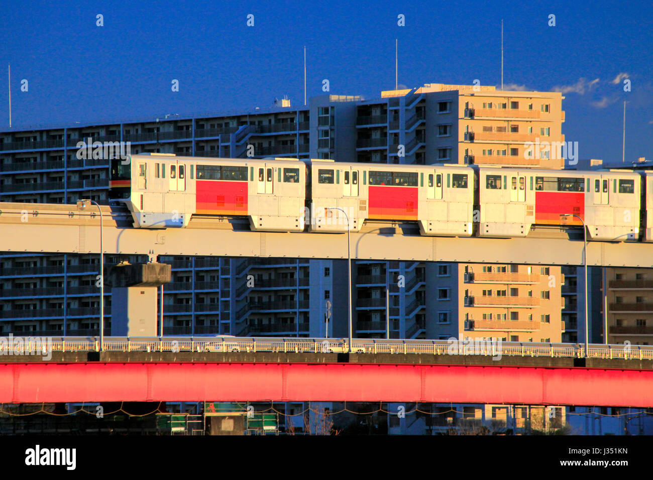 Monorail traveling over Tappibashi Bridge Tachikawa city Tokyo Japan ...