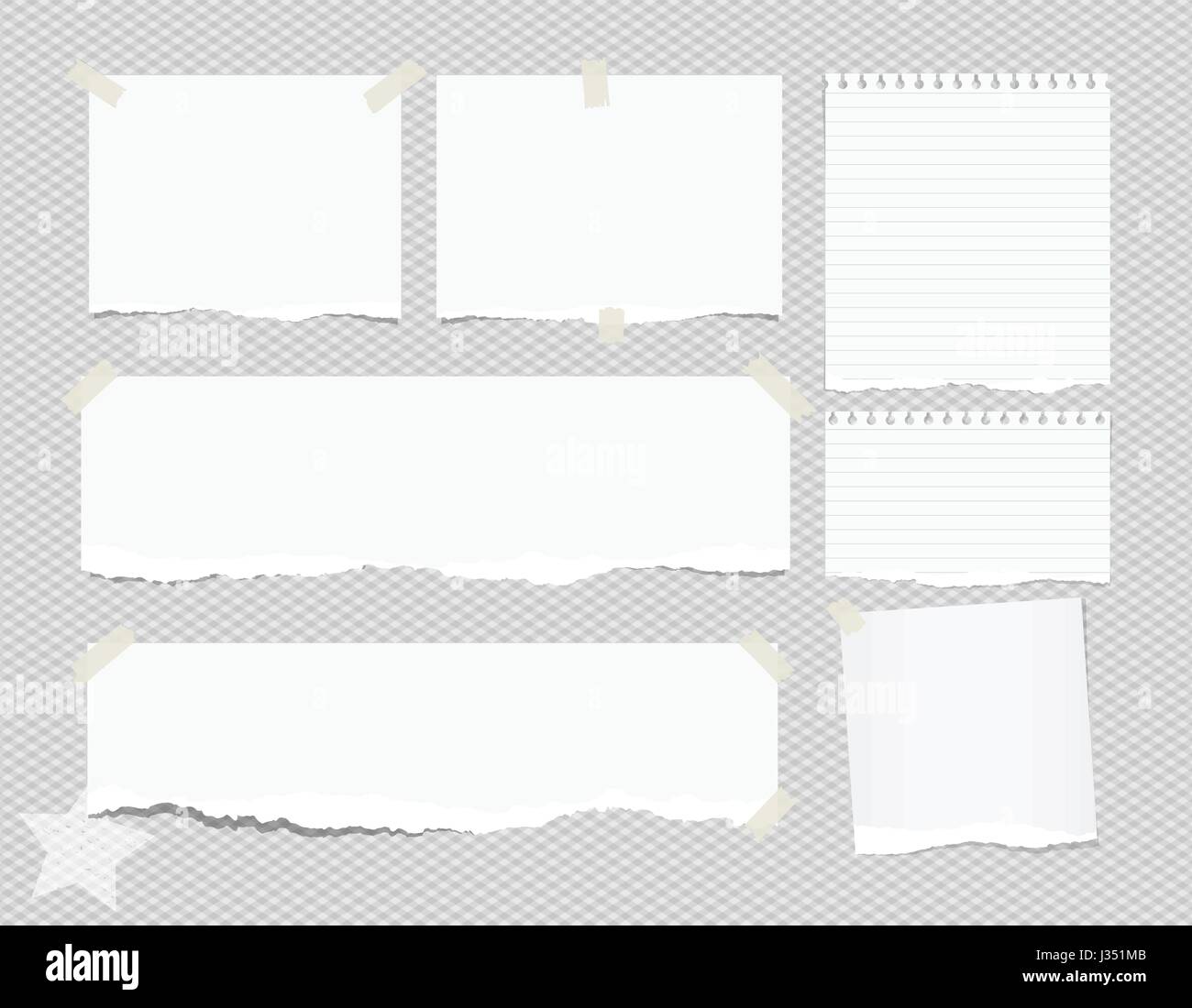 Ripped white note, notebook, copybook paper sheets stuck with sticky ...