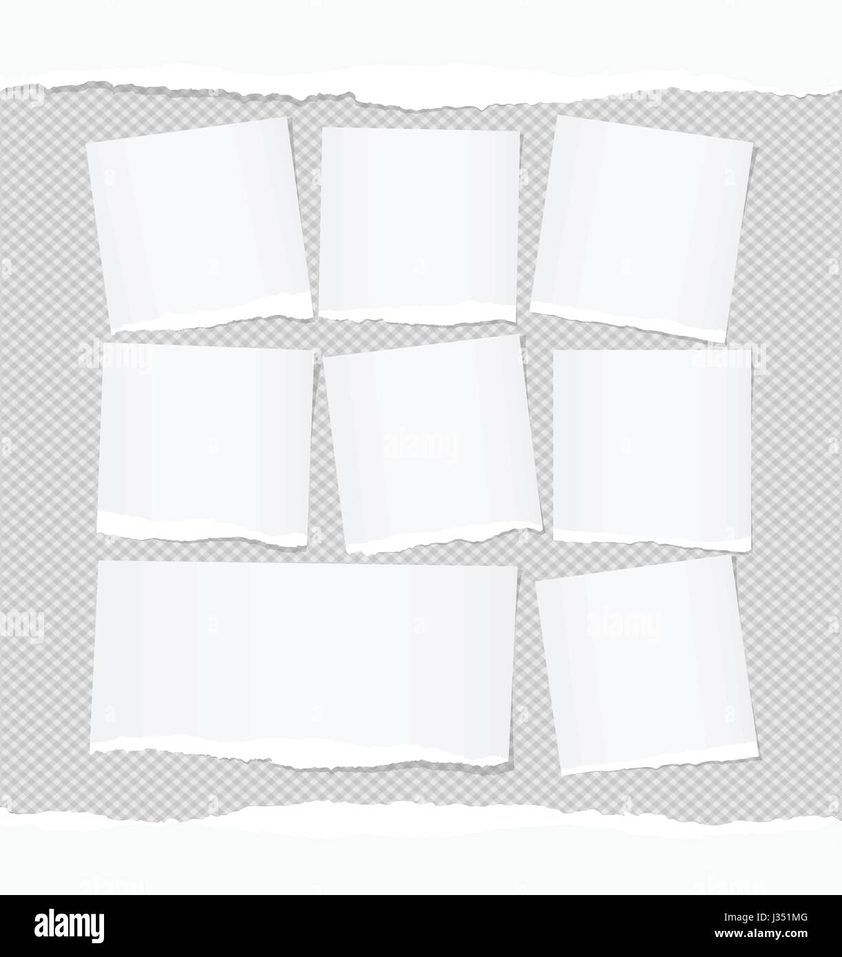 Ripped white note, notebook, copybook paper sheets stuck on squared ...