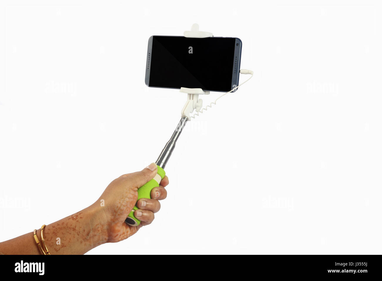 Selfie Stick with Mobile Phone Isolated on White Background Stock Photo ...
