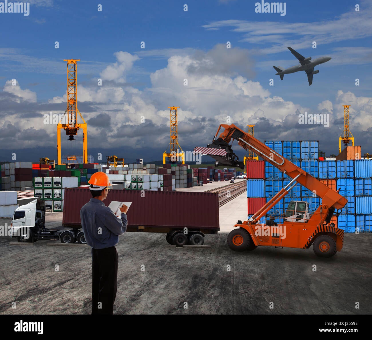 officer man working in land transport logistic with container dock ...