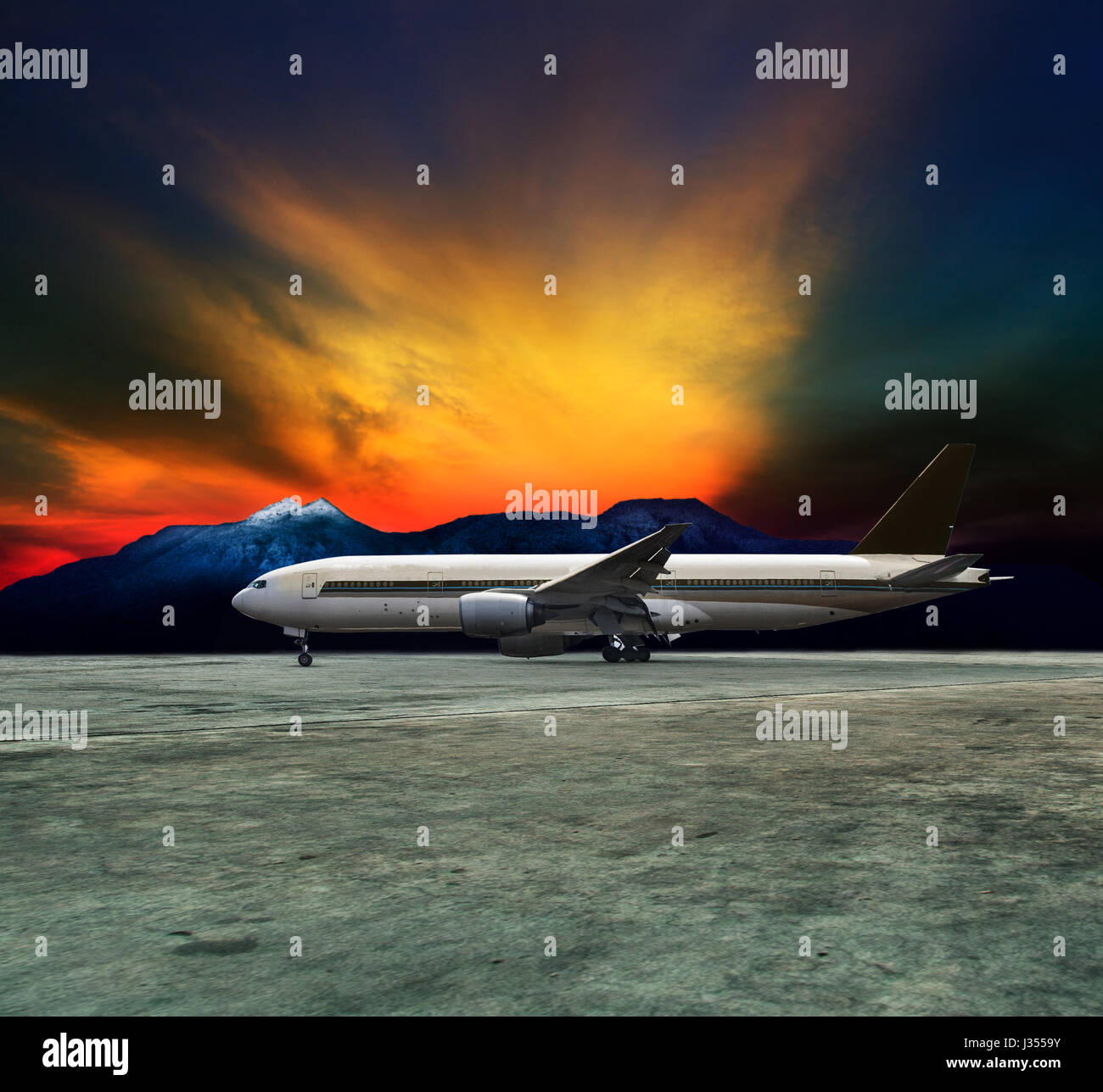 jet plane flying over runways and beautiful dusky sky with copy space ...