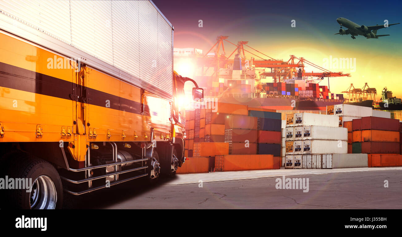 container truck in shipping port ,container dock and freight cargo ...