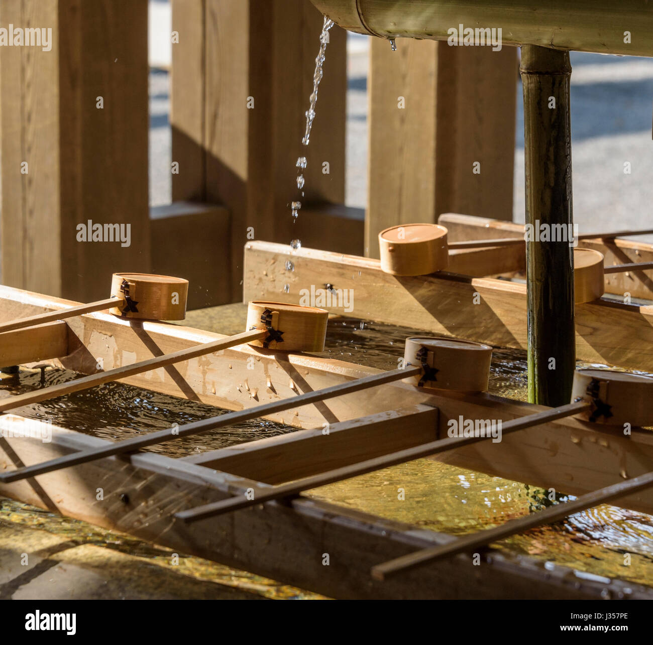 Wooden ladles and running water at a water pavilion Stock Photo - Alamy