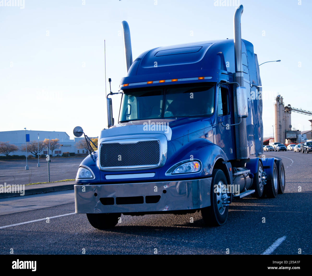 Modern American brilliant bright blue semi truck with high exhaust ...
