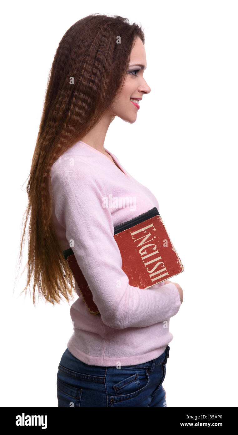 Woman learning English. Girl with a book isolated on white background ...