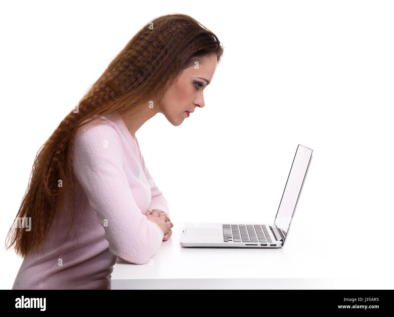 pretty casual woman use laptop computer at the desk Stock Photo - Alamy