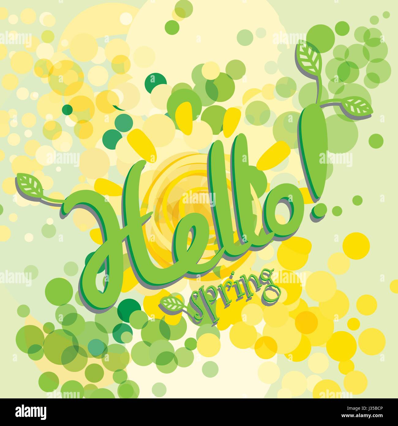 Hello Spring Greeting Card Poster with Shining Suns and Green Leaves. Welcoming the Springtime ...