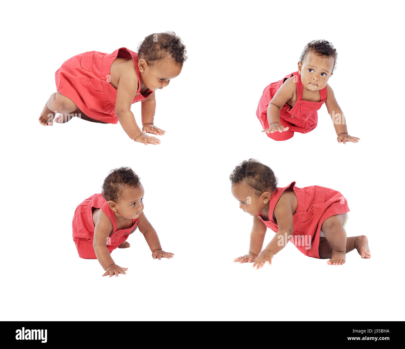 Four images of a beautiful baby girl crowling isolated on a white ...
