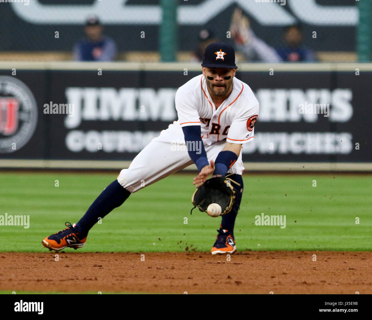 Houston, TX, USA. 2nd May, 2017. Houston Astros second baseman Jose Altuve (27) fields a ground ...