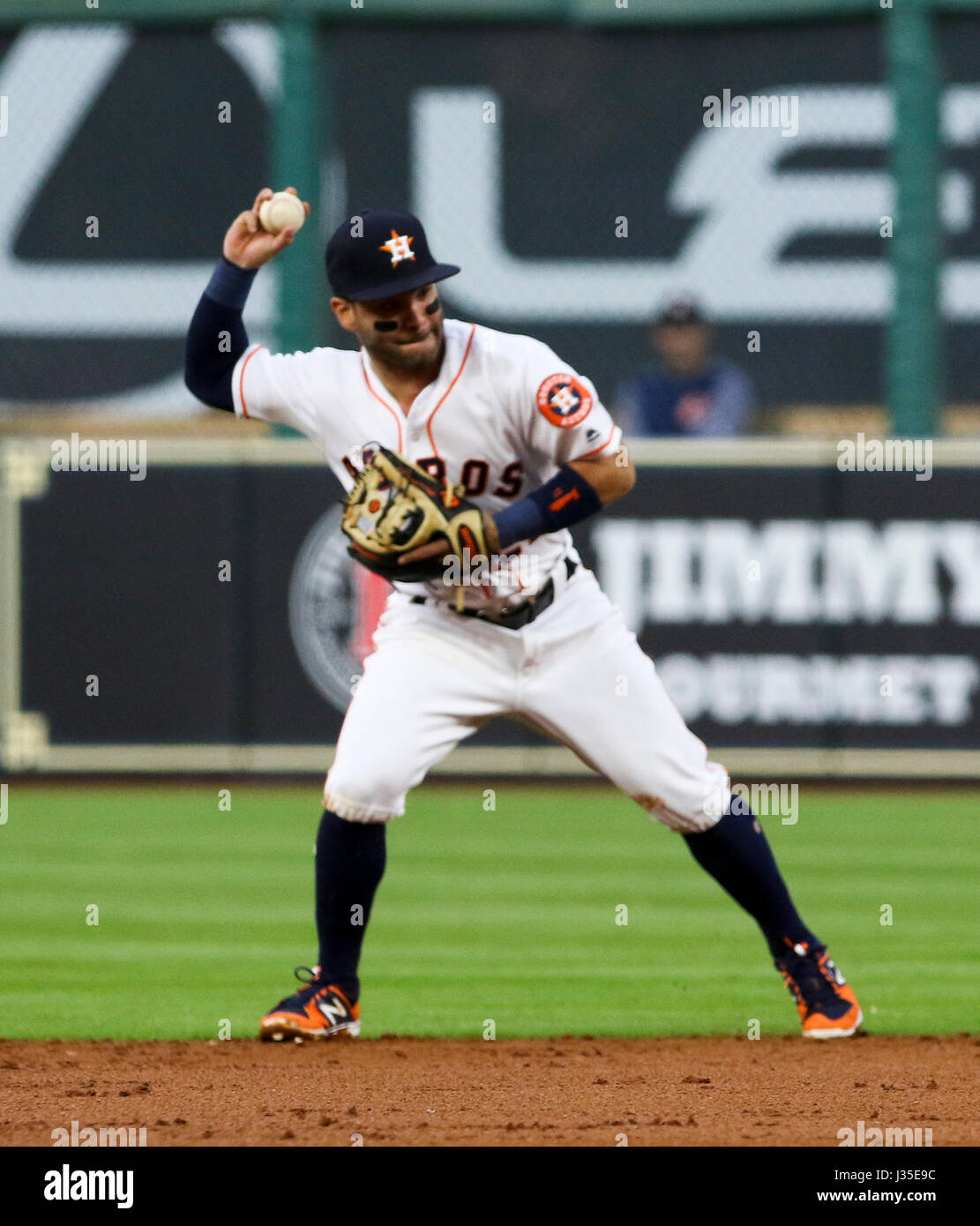 Houston, TX, USA. 2nd May, 2017. Houston Astros second baseman Jose Altuve (27) fields a ground ...