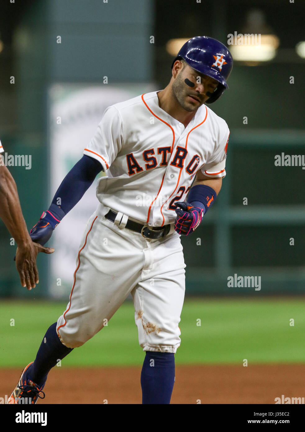 Houston, TX, USA. 2nd May, 2017. Houston Astros second baseman Jose Altuve (27) rounds third ...